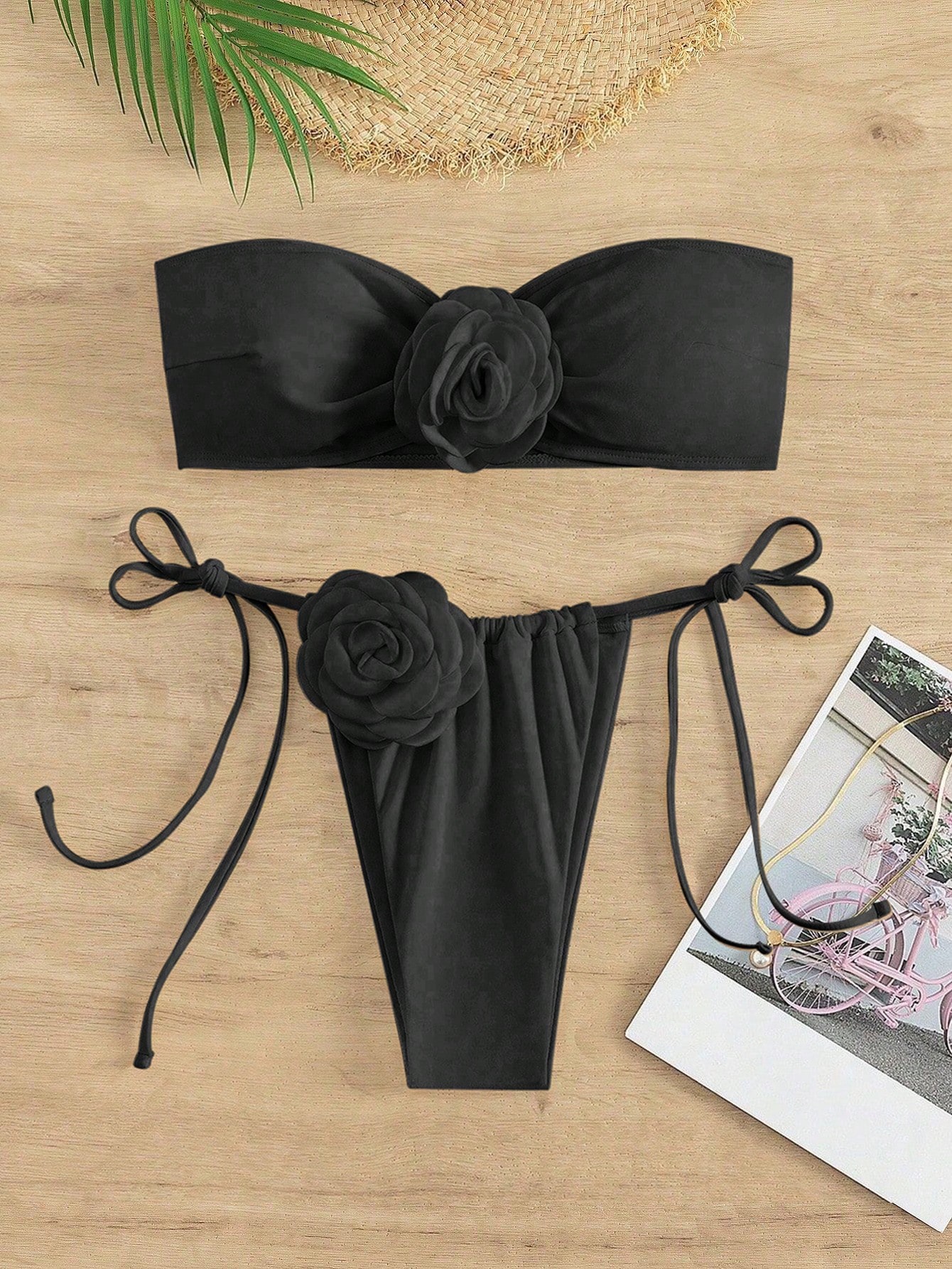 Shein Swim 3d Rosa Tejido De Canalé Bandeau Con Cordón Lateral Bañador