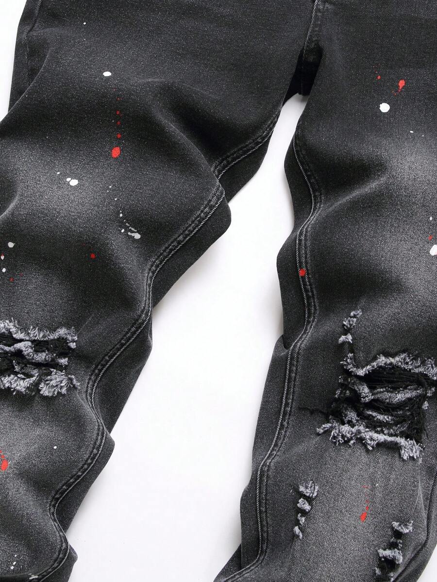 Manfinity Homme Men Splash Ink Print Ripped Frayed Bleach Wash Jeans ...