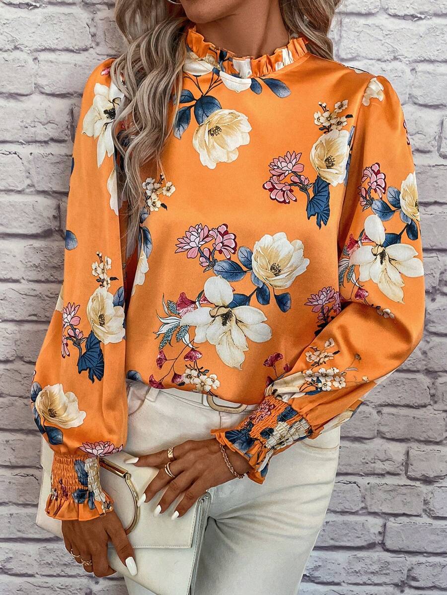 SHEIN Clasi Floral Print Frill Trim Flare Sleeve Blouse,Long Sleeve ...