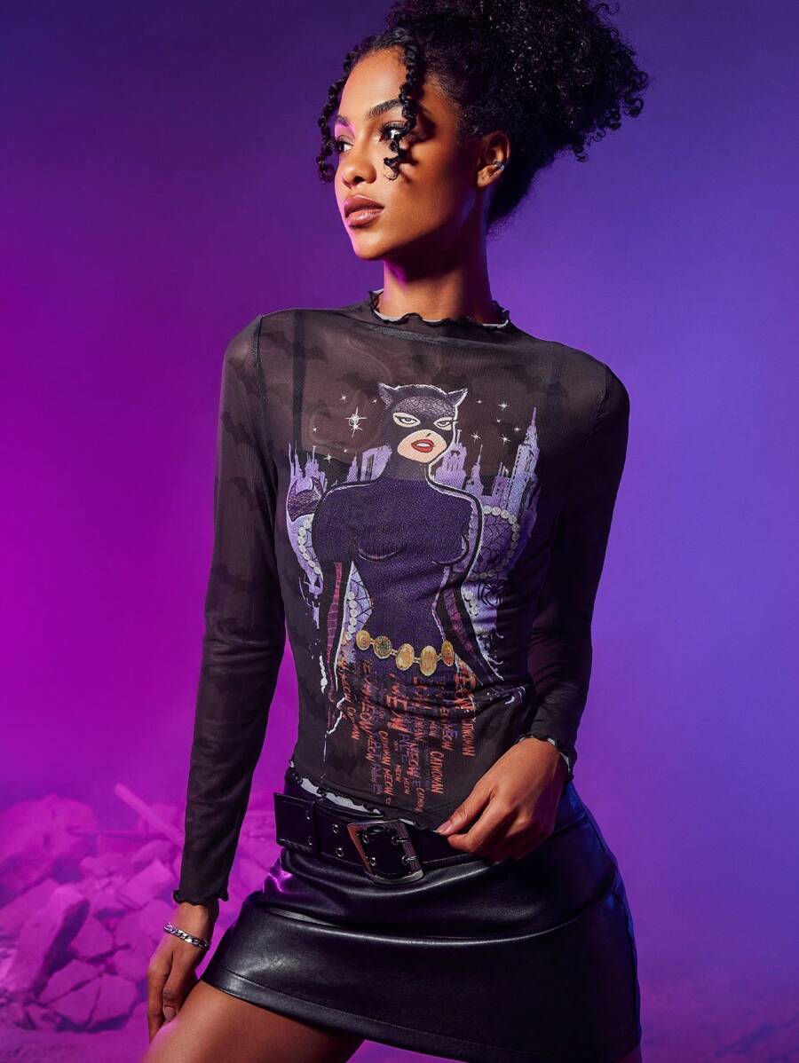 BATMAN X SHEIN Cartoon Figure Graphic Mesh Top | SHEIN USA