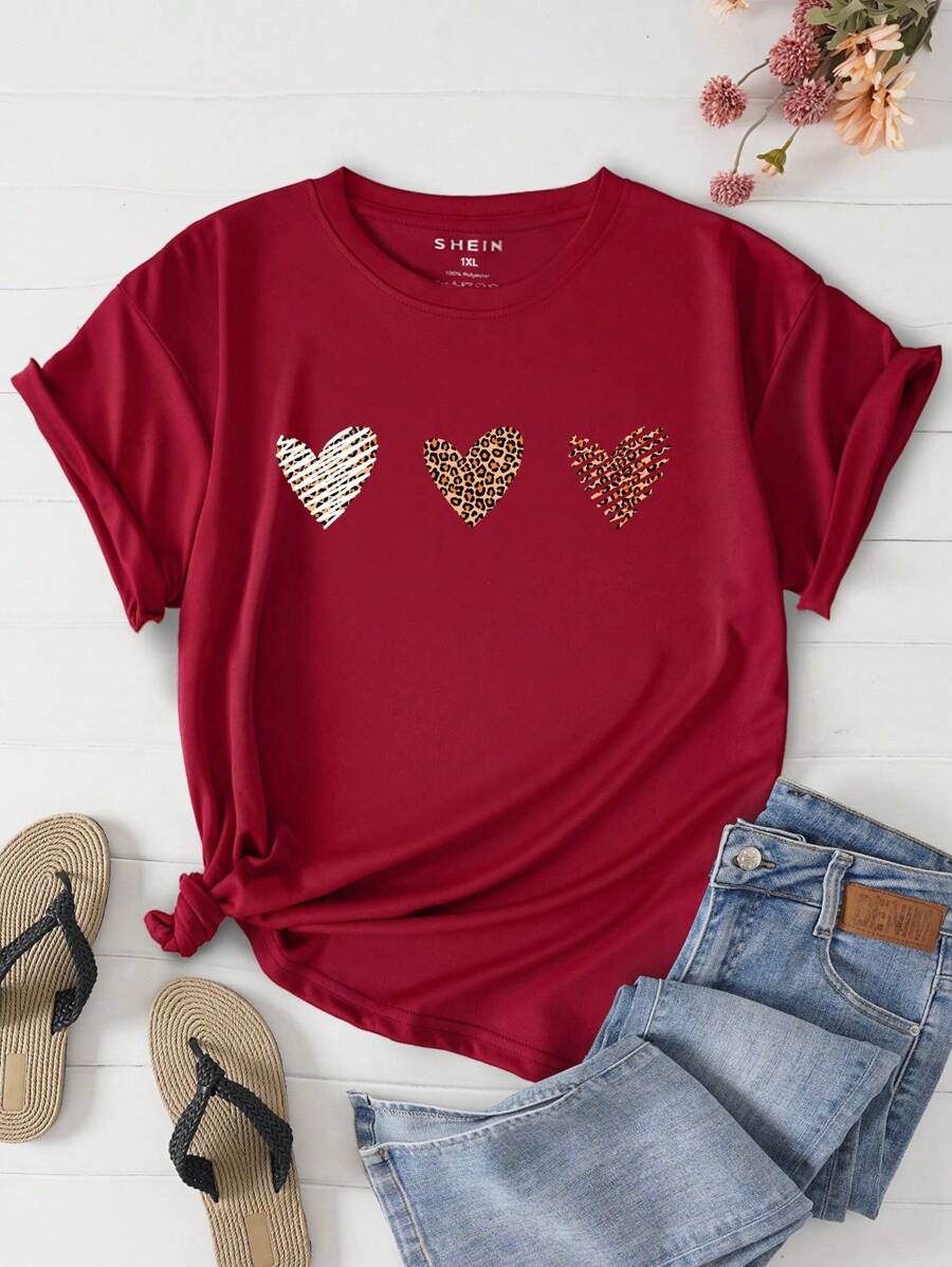 INAWLY Plus Heart And Leopard Print Tee, Cheetah Print Tee, Women ...