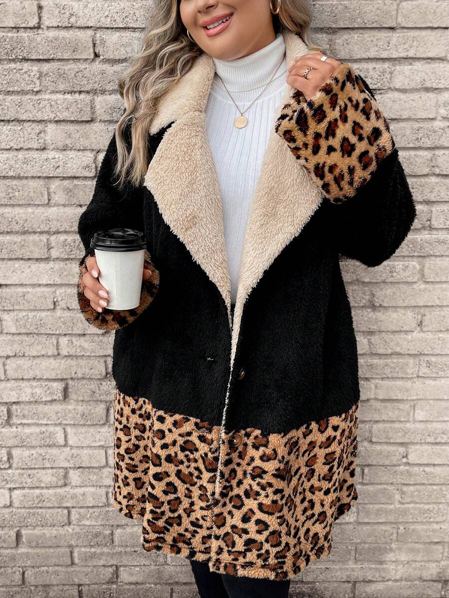 SHEIN LUNE Plus Leopard Pattern Lapel Neck Teddy Coat | SHEIN USA