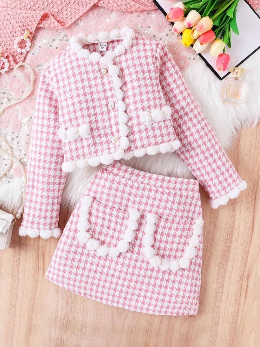 SHEIN Tween Girl Houndstooth Print Frill Trim Tweed Jacket & Skirt ...