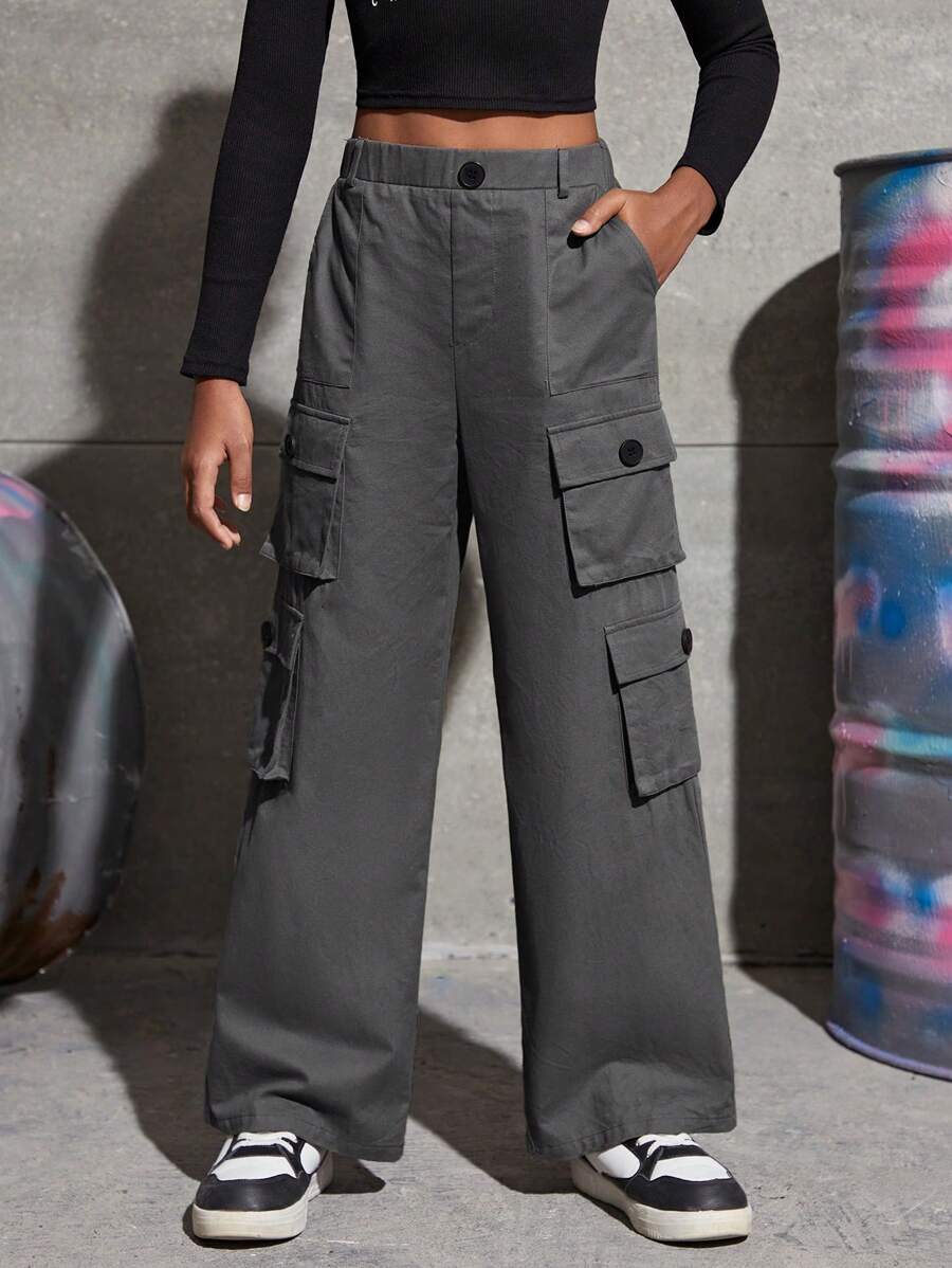 SHEIN Tween Girl Flap Pocket Side Pants | SHEIN USA