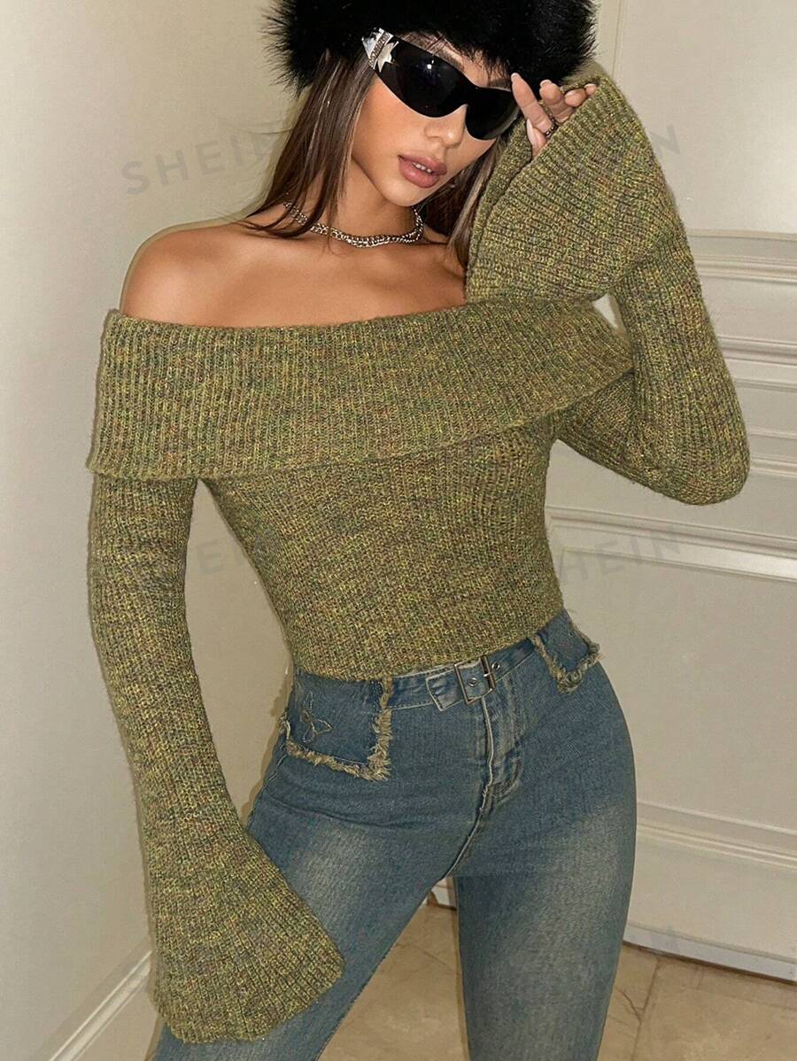Shein Icon Y2k Grunge Hippie Off Shoulder Foldover Flounce Sleeve