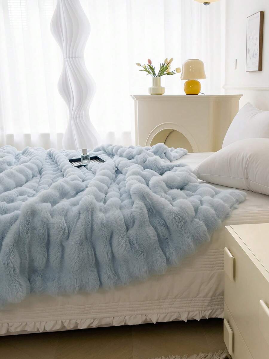 1pc Polyester Light Blue Rabbit Fur Long Plush Blanket For Bed, Winter ...