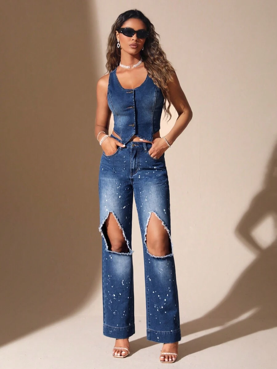 SHEIN BAE Splash Ink Print Ripped Straight Leg Jeans | SHEIN USA
