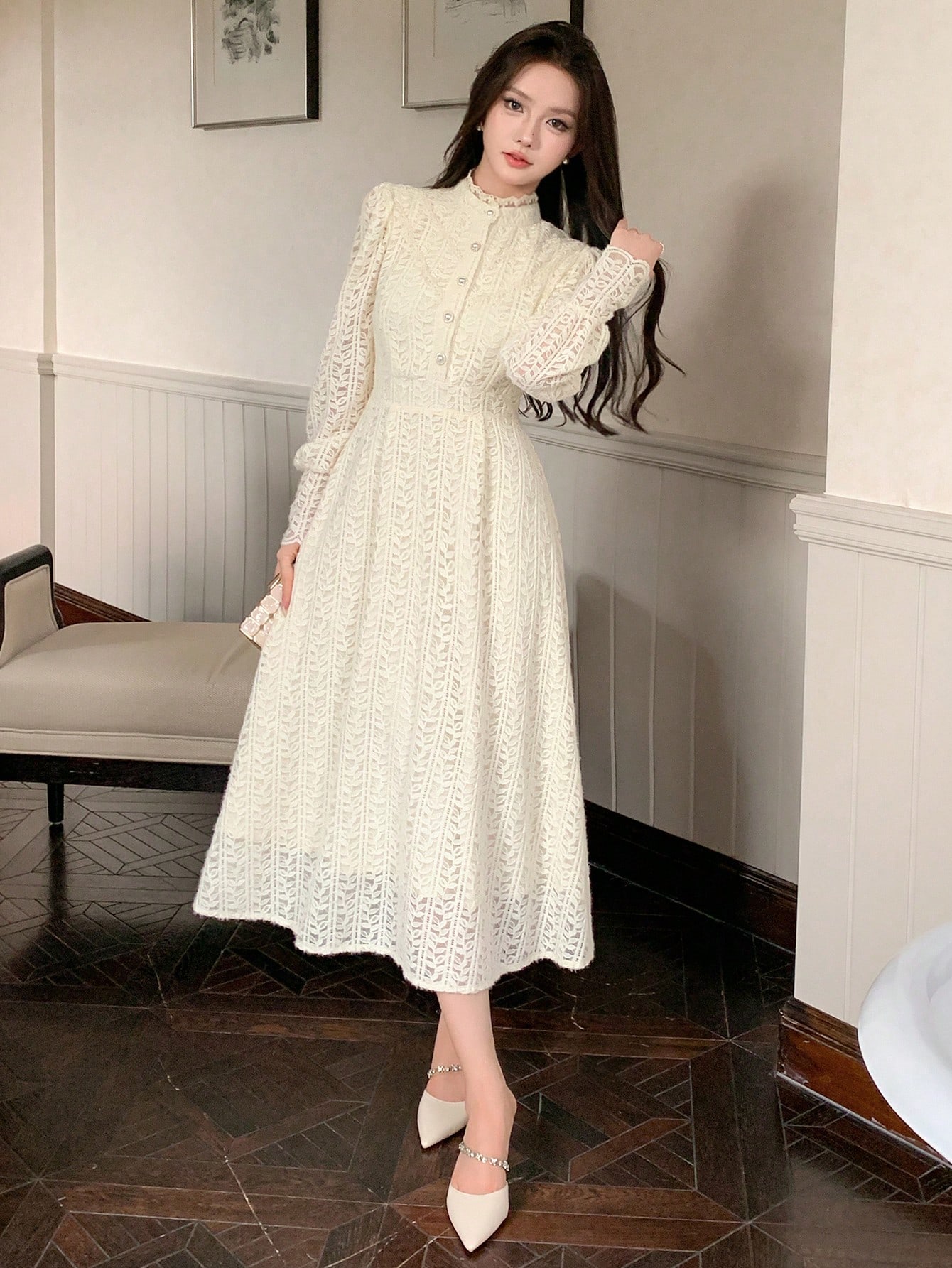 DAZY Vestido unicolor con botón delantero con encaje | Moda de Mujer ...