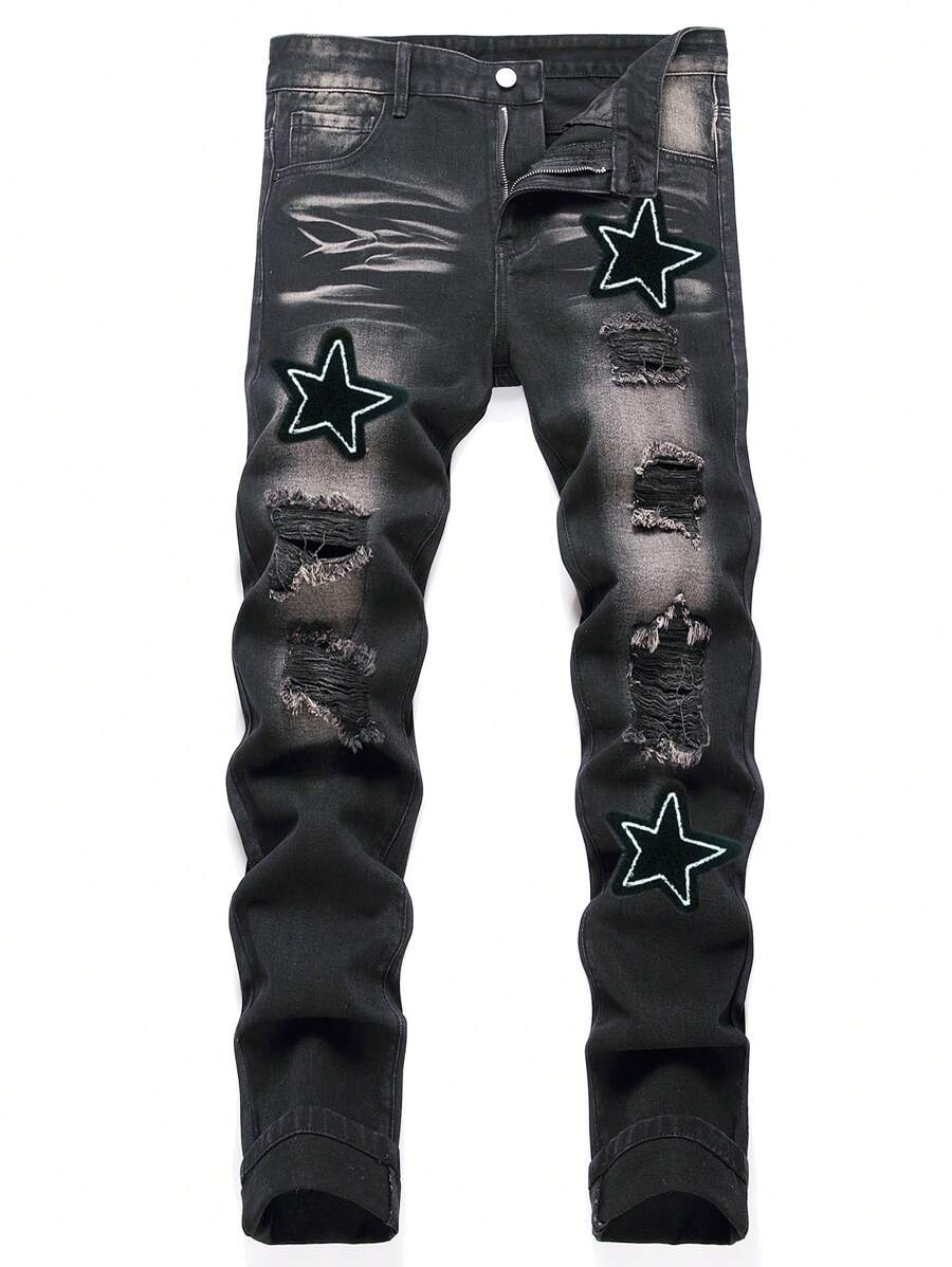 Men Star Patched Ripped Frayed Jeans | SHEIN USA