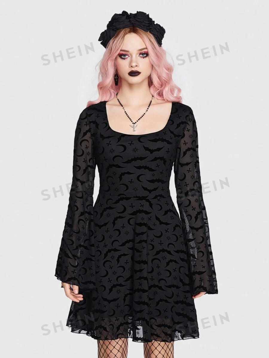ROMWE Goth Bat Print Flare Sleeve Mesh Dress | SHEIN UK