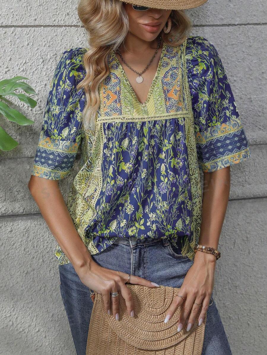 SHEIN LUNE Floral Print Puff Sleeve Blouse | SHEIN USA