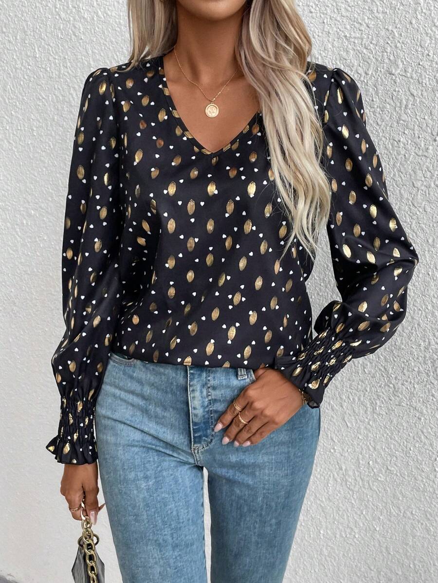 SHEIN Clasi Gold Dot Print Flare Sleeve Blouse | SHEIN USA