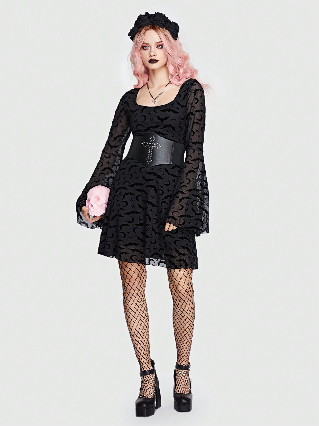ROMWE Goth Bat Print Flare Sleeve Mesh Dress | SHEIN USA