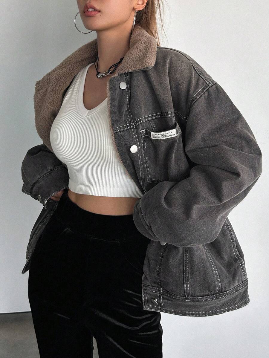 DAZY Letter Patched Detail Drop Shoulder Teddy Lined Denim Jacket ...