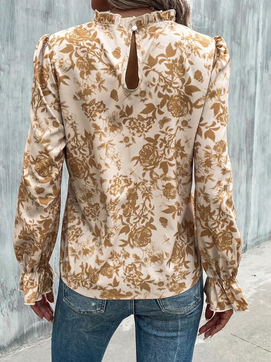 Shein Lune Floral Print Flare Sleeve Frill Neck Blouse Shein Usa