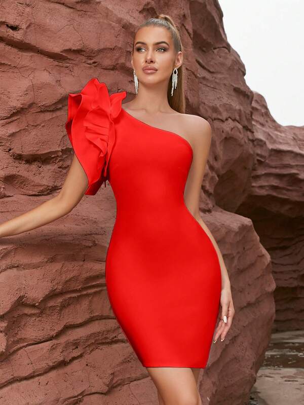 ADYCE One Shoulder Exaggerated Ruffle Trim Cocktail Party Bandage Bodycon Dress | SHEIN USA