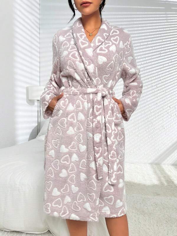 Heart Print Belted Robe | SHEIN EUQS