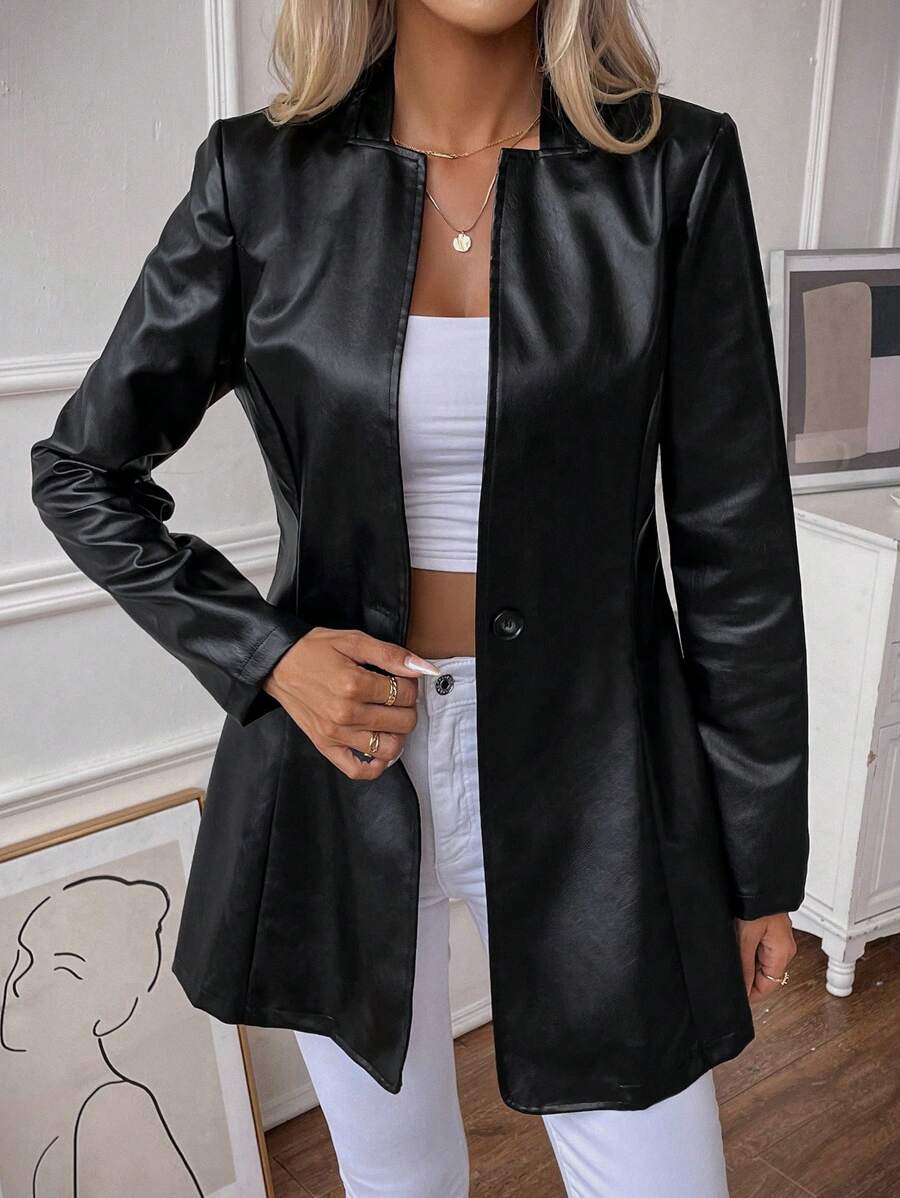 Calvaya Solid PU Leather Open Front Coat | SHEIN USA