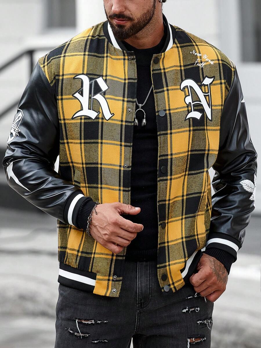 Manfinity Sporsity Men Plaid & Letter Graphic Striped Trim Varsity ...