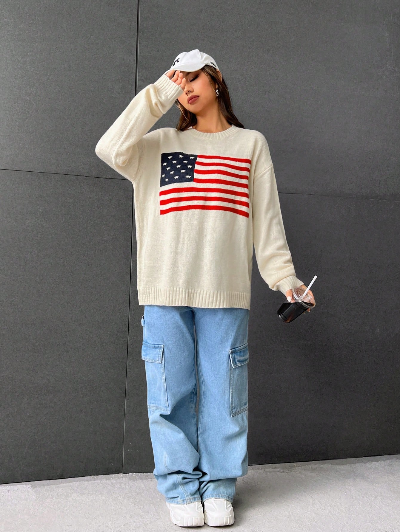 SHEIN EZwear American Flag Pattern Drop Shoulder Sweater | SHEIN USA