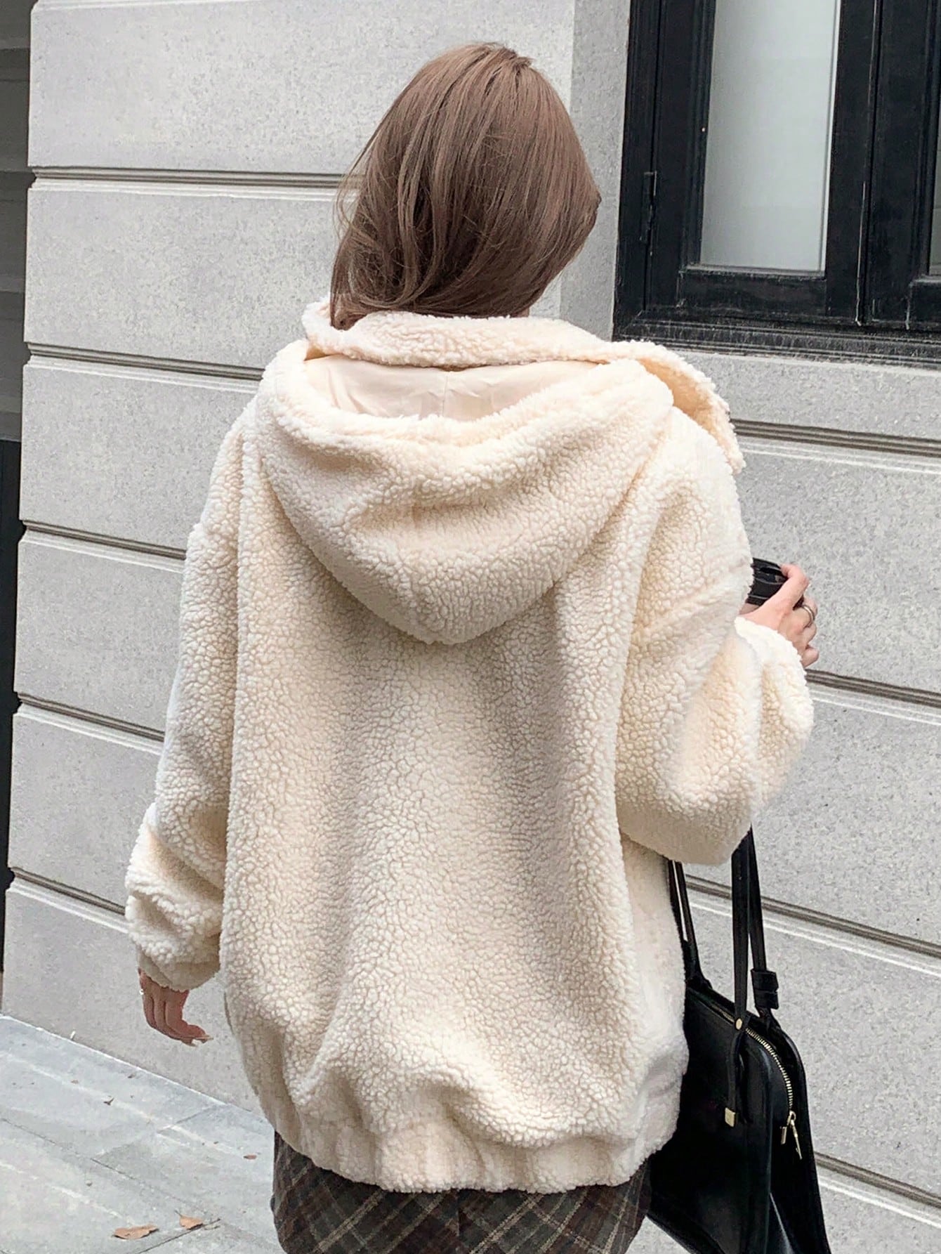 DAZY Solid Drop Shoulder Drawstring Hooded Teddy Jacket | SHEIN UK