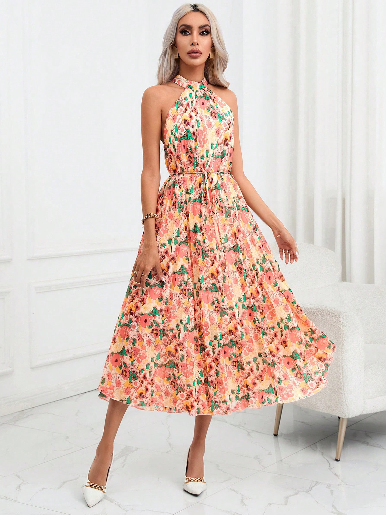 SHEIN Frenchy Allover Floral Print Pleated Hem Rope Belted Halter Dress | SHEIN USA