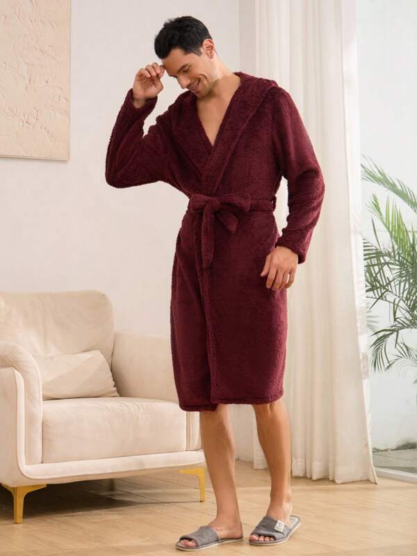 Men Solid Belted Hooded Lounge Robe | SHEIN USA