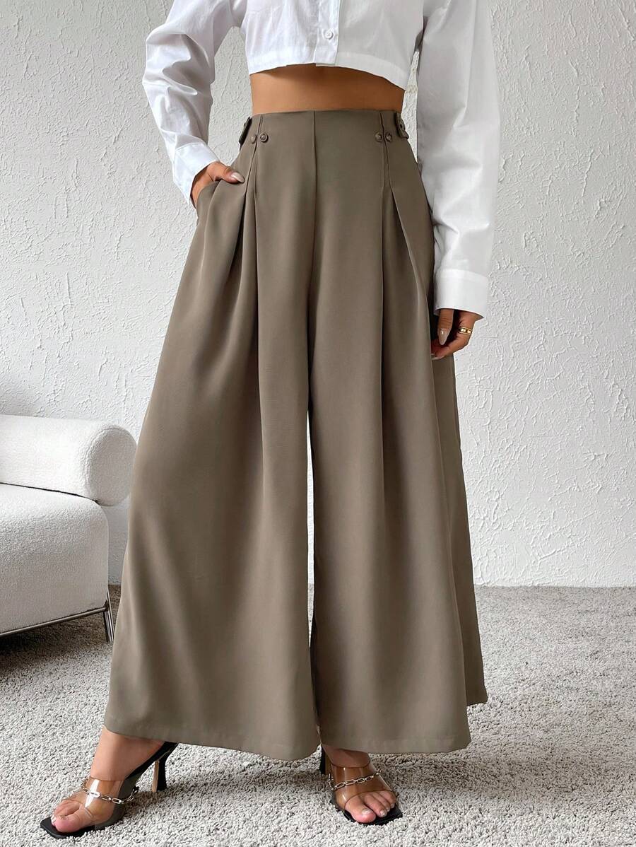 SHEIN Essnce Women High Waisted Fold Pleated Wide Leg Pants With Slant ...