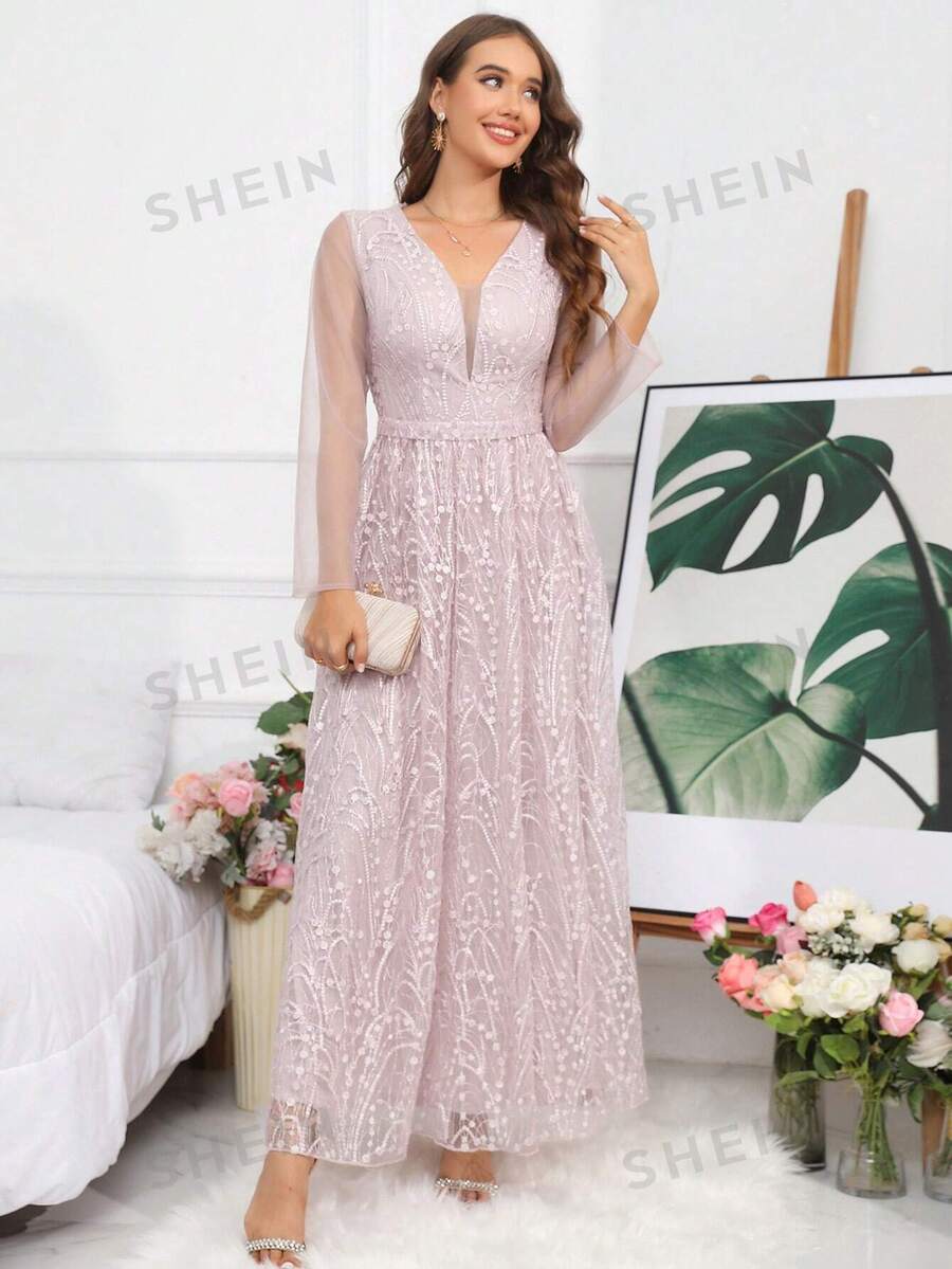 SHEIN Belle Mesh Overlay Maxi Dress | SHEIN USA