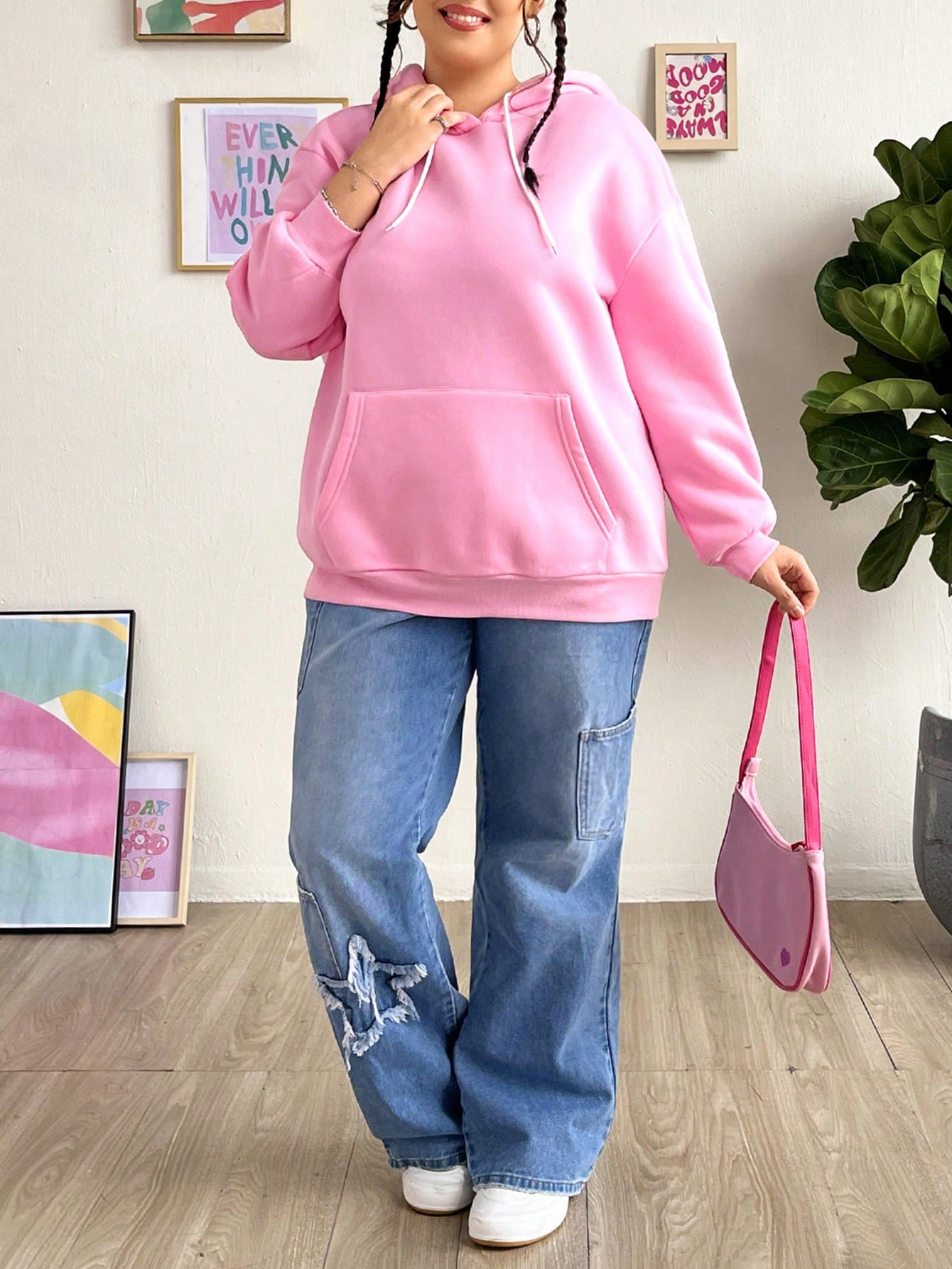 Shein Ezwear Plus Slogan Graphic Drop Shoulder Drawstring Thermal Lined