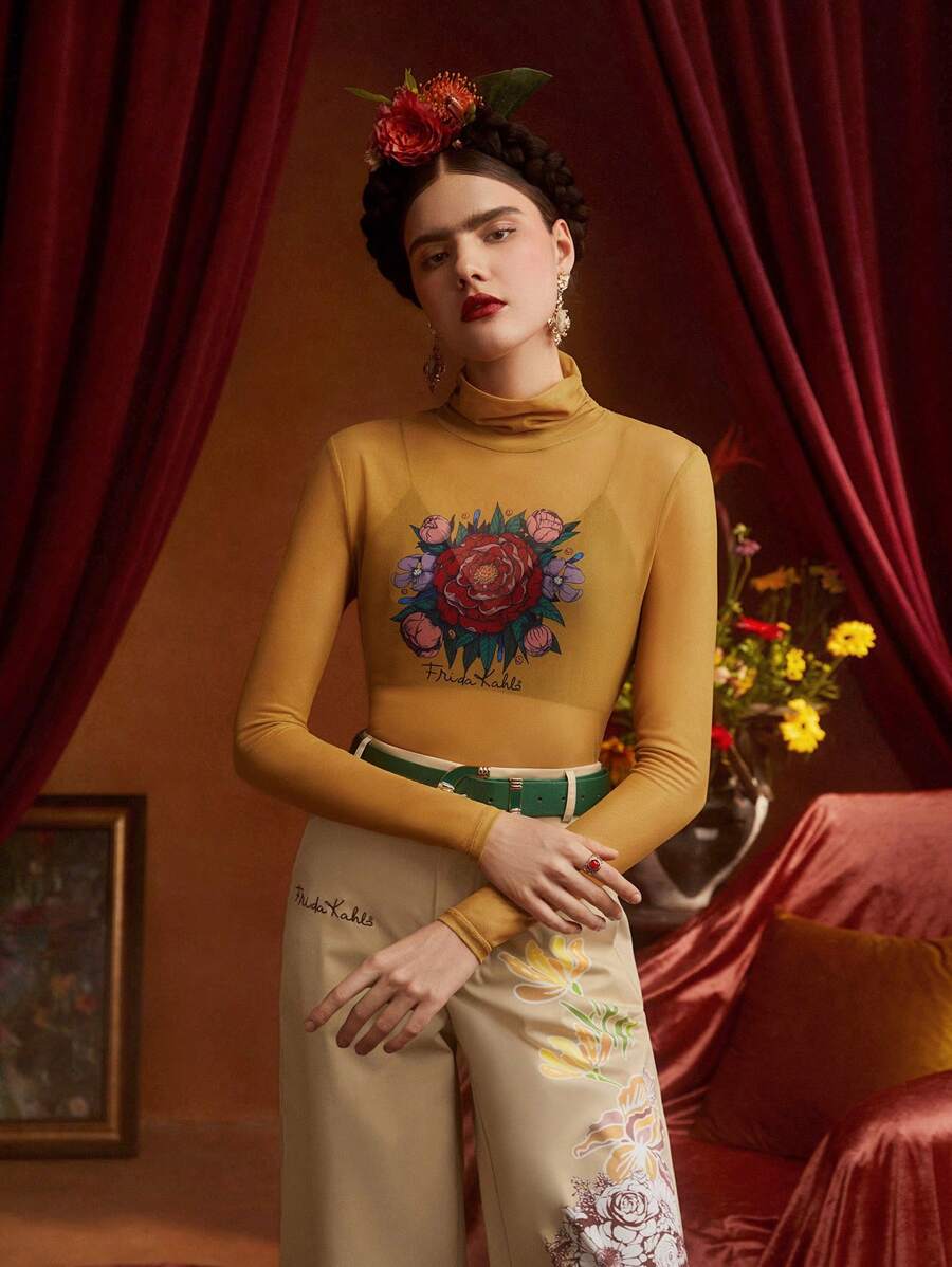 Frida Kahlo X SHEIN Summer Floral Print Mock Neck Mesh Tight Top ...