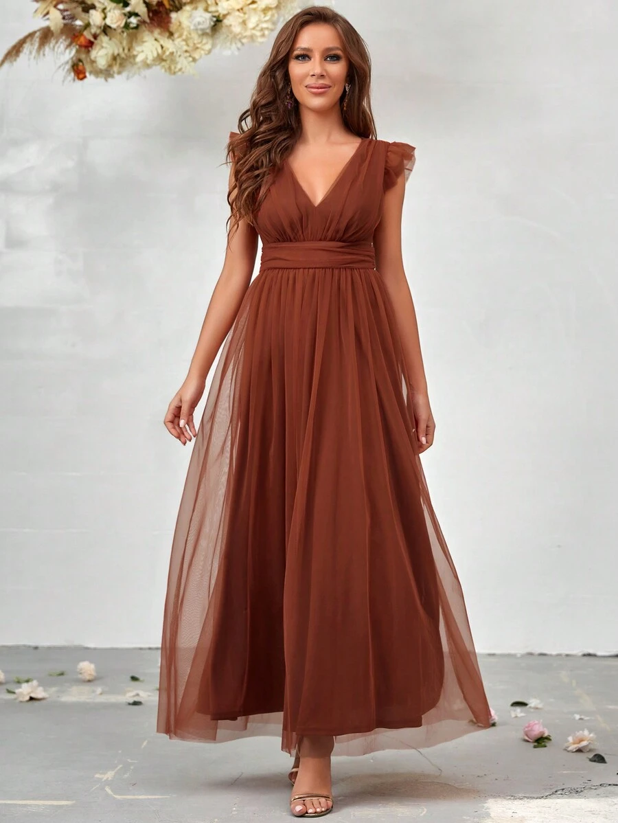 SHEIN Belle Ruffle Trim Mesh Overlay Bridesmaid Dress Elegant Formal ...