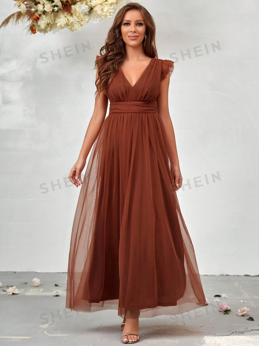 SHEIN Belle Vestido de dama de honor ribete con fruncido con malla ...