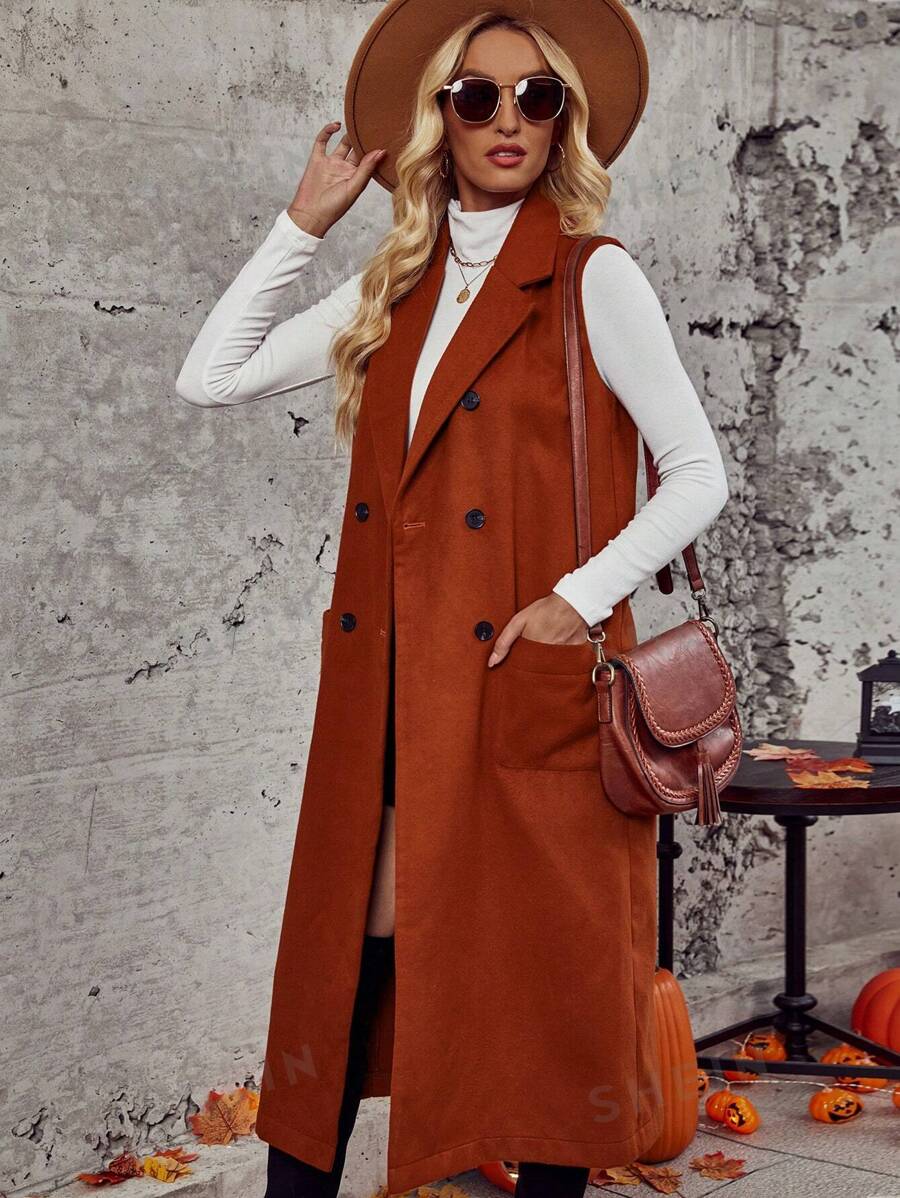 SHEIN LUNE Double Breasted Dual Pocket Vest Overcoat | SHEIN USA