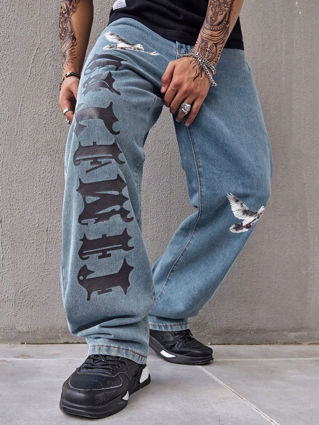 Manfinity StreetEZ Men's Straight Leg Jeans With Letter Graphic Design ...