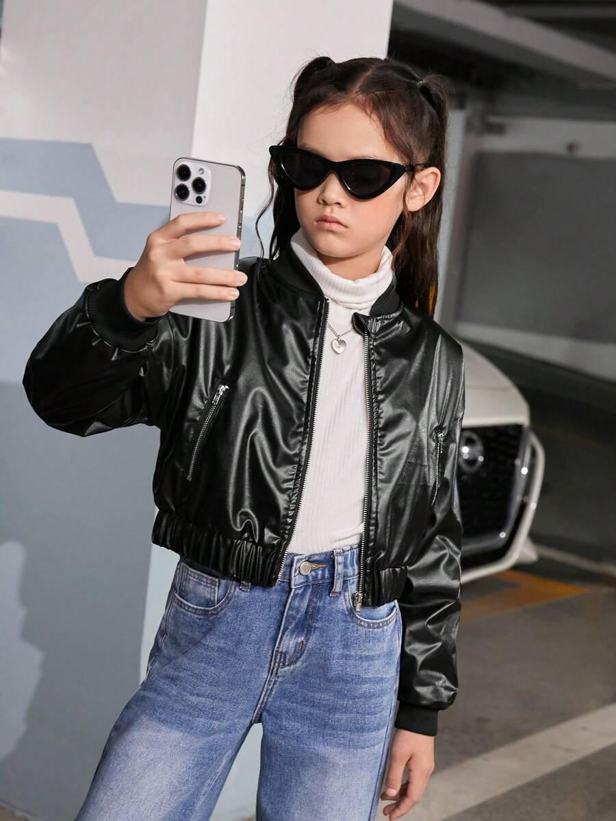 SHEIN Tween Girl Zip Up PU Leather Crop Jacket | SHEIN USA
