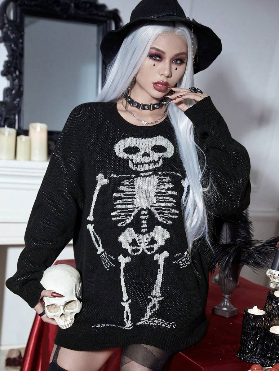 PUNK Halloween Skeleton Pattern Drop Shoulder Sweater | SHEIN USA