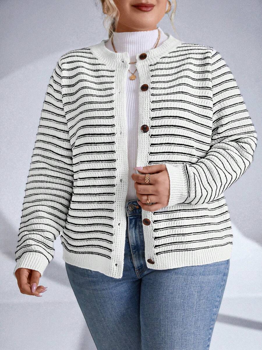 SHEIN Relaxiva Plus Striped Pattern Button Front Cardigan | SHEIN UK