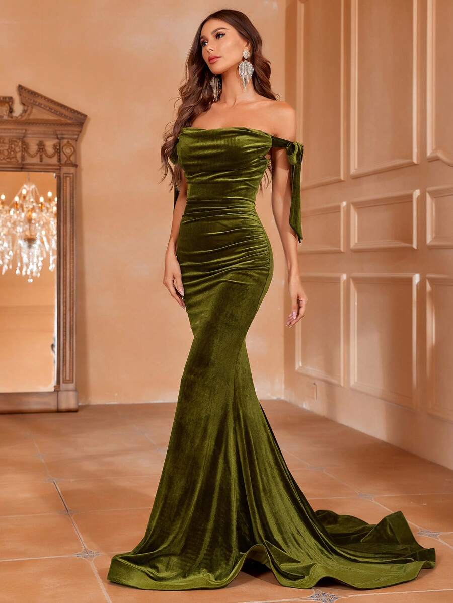 Off Shoulder Knot Side Mermaid Hem Velvet Formal Dress Elegant Prom Evening Wedding Guest Gown ...