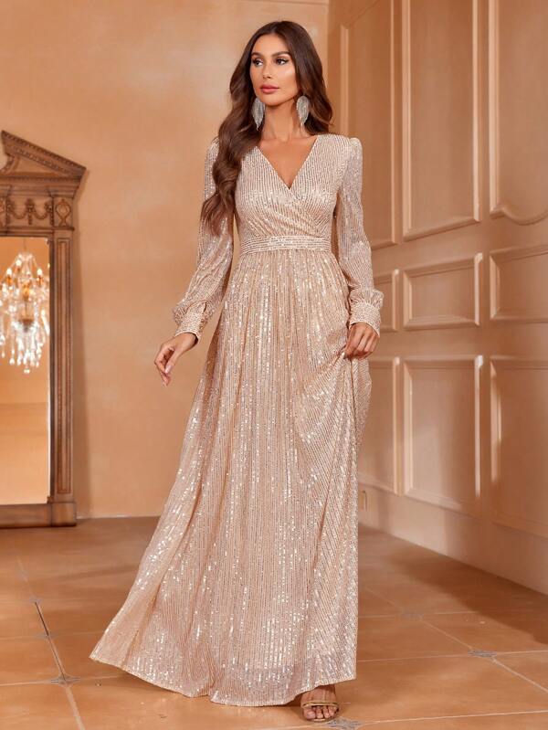 Surplice Neck Lantern Sleeve Sequin Party Dress | SHEIN USA