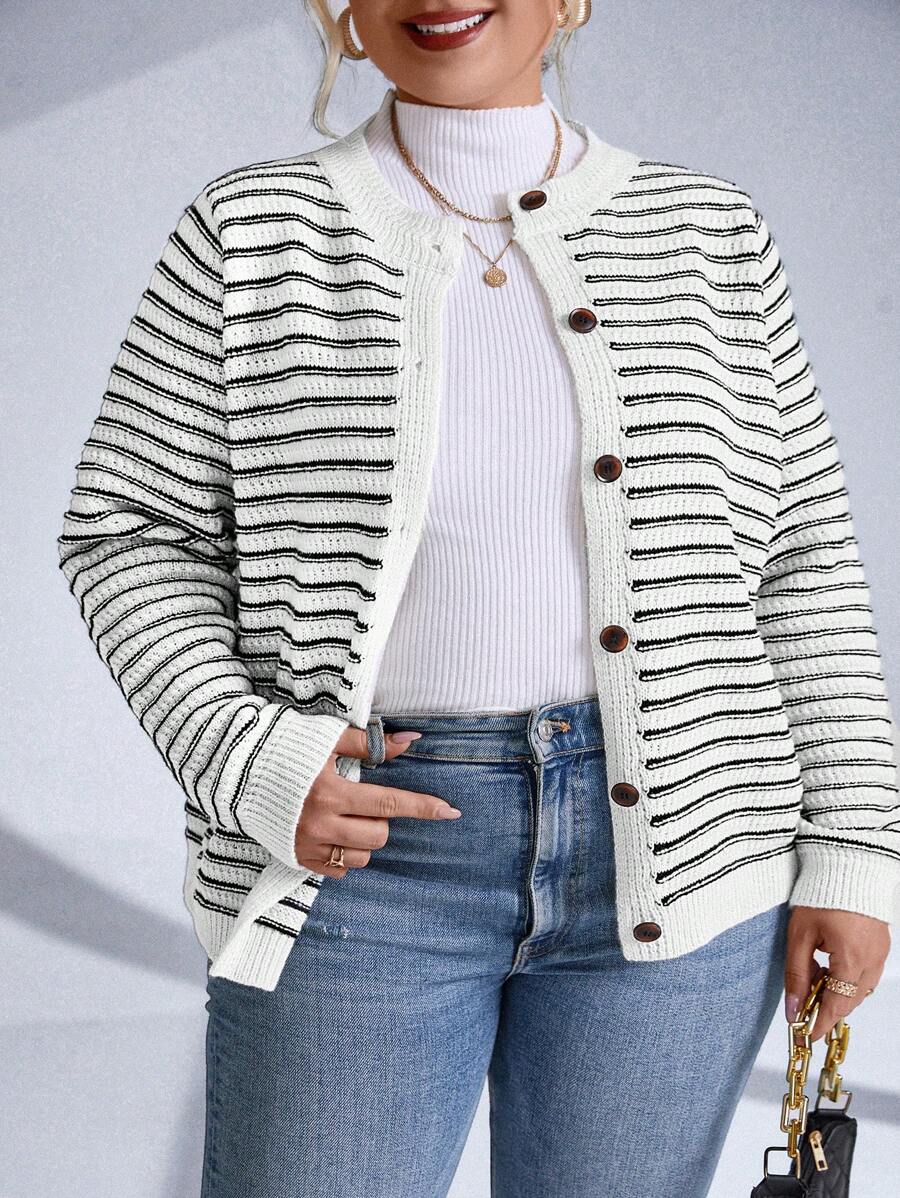 SHEIN Relaxiva Plus Striped Pattern Button Front Cardigan | SHEIN UK