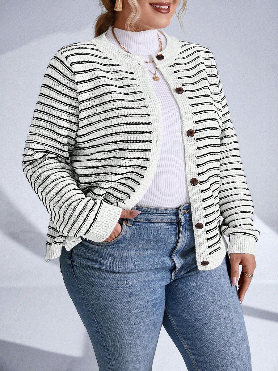 SHEIN Relaxiva Plus Striped Pattern Button Front Cardigan | SHEIN UK