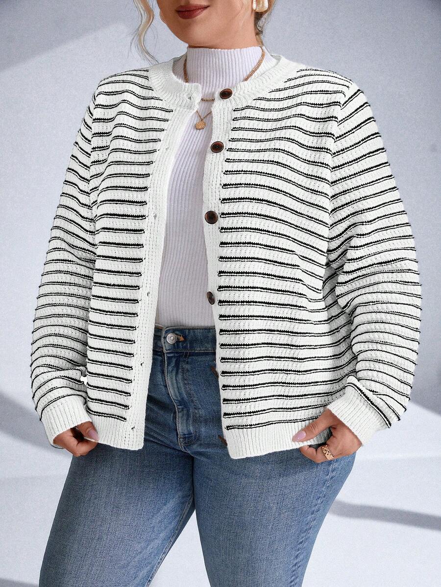 SHEIN Relaxiva Plus Striped Pattern Button Front Cardigan | SHEIN UK