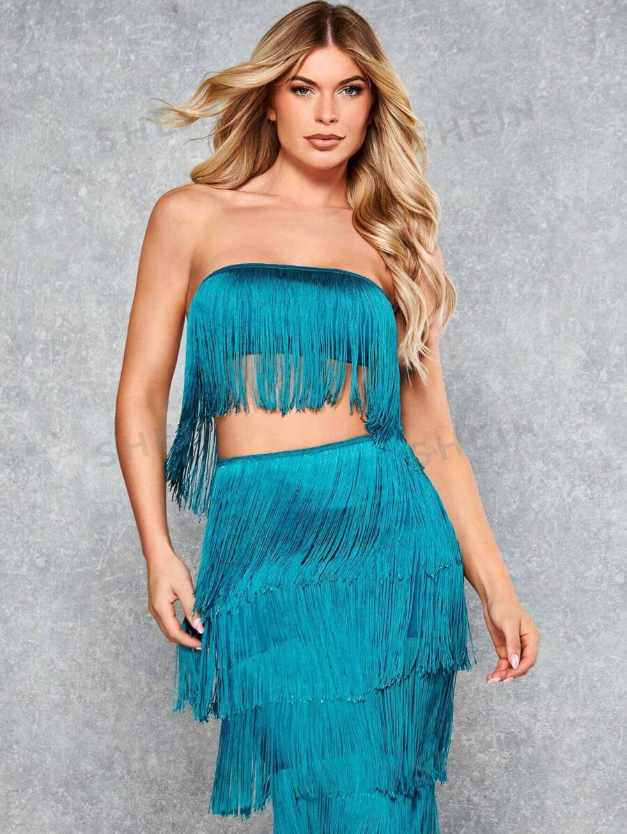 Shein X Antonella Shein Bae Fringe Trim Tube Top And Skirt Shein Usa
