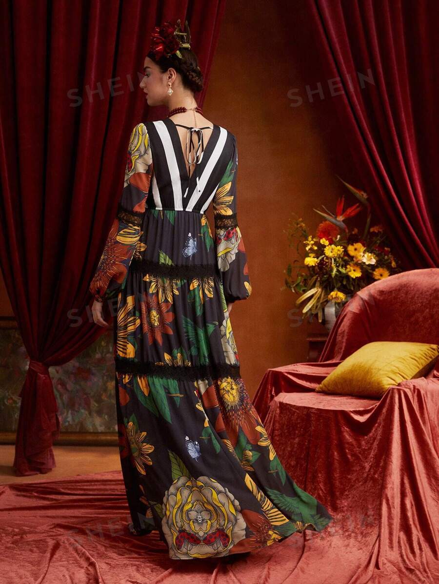 Frida Kahlo X SHEIN X Designer ISELACOS Abito lungo con scollo a V con ...