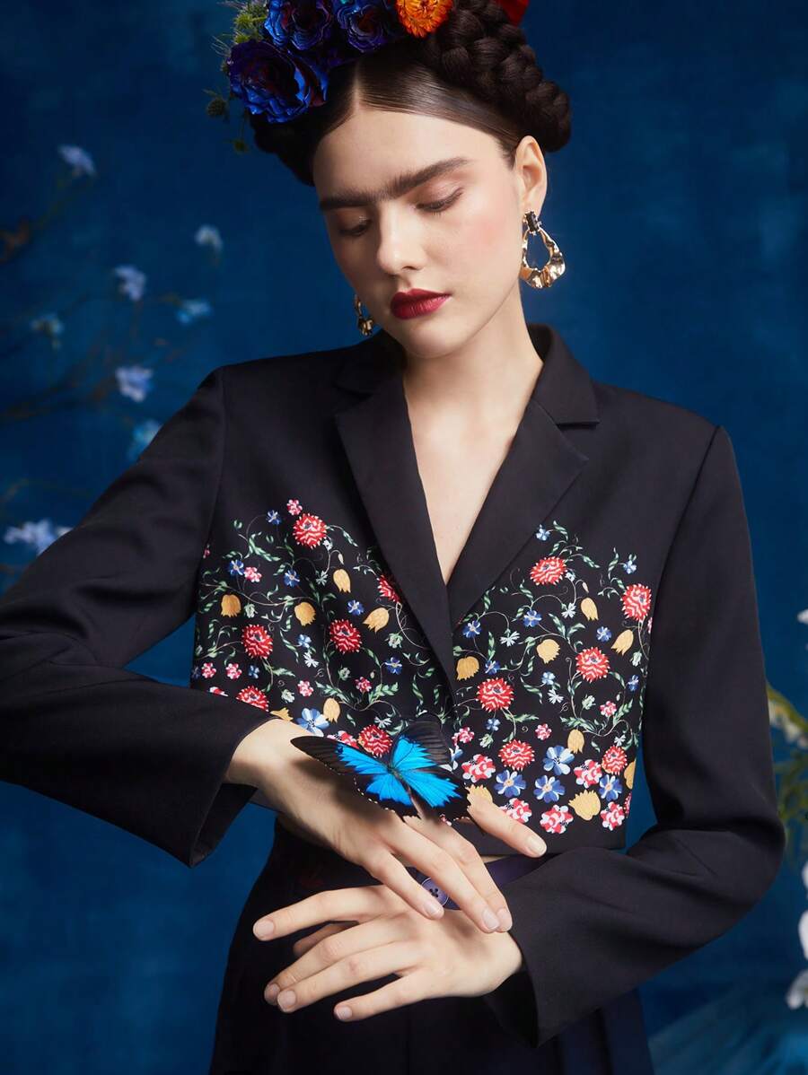 Frida Kahlo X SHEIN X Designer FURNANDA Floral Print Lapel Neck Crop ...