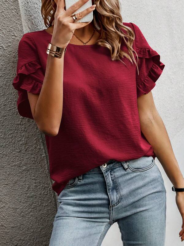 SHEIN LUNE Solid Ruffle Trim Petal Sleeve Blouse | SHEIN USA