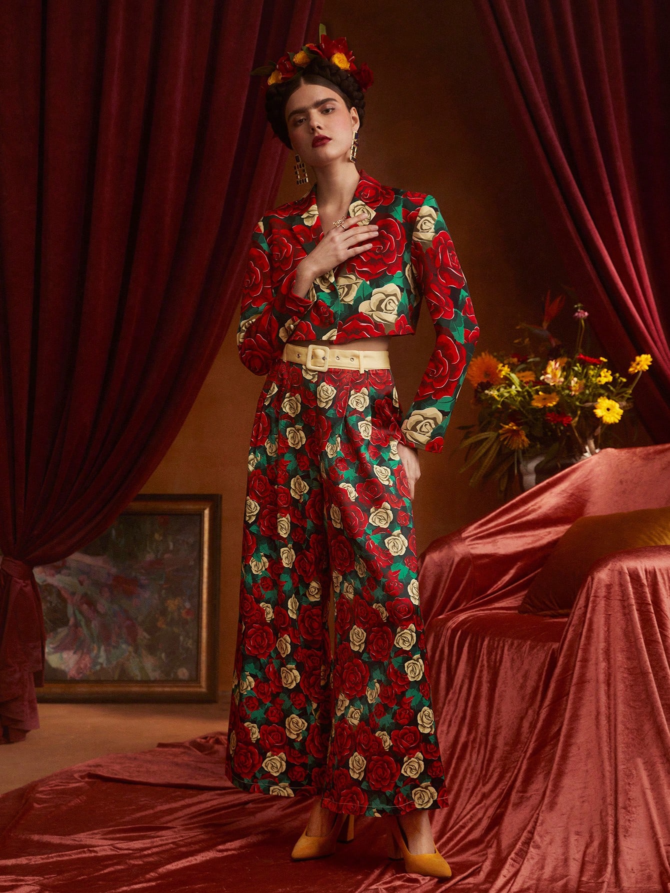 Frida Kahlo X SHEIN X Designer PANUCO Floral Print Wide Leg Suit Pants ...