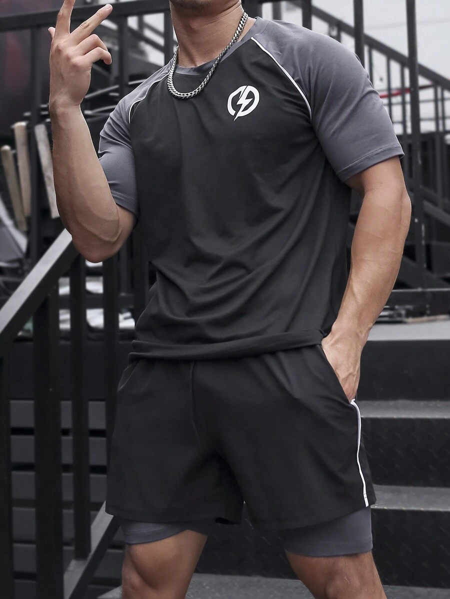 Men Electricity Print Contrast Raglan Sleeve Sports Set, Athletic Suit ...