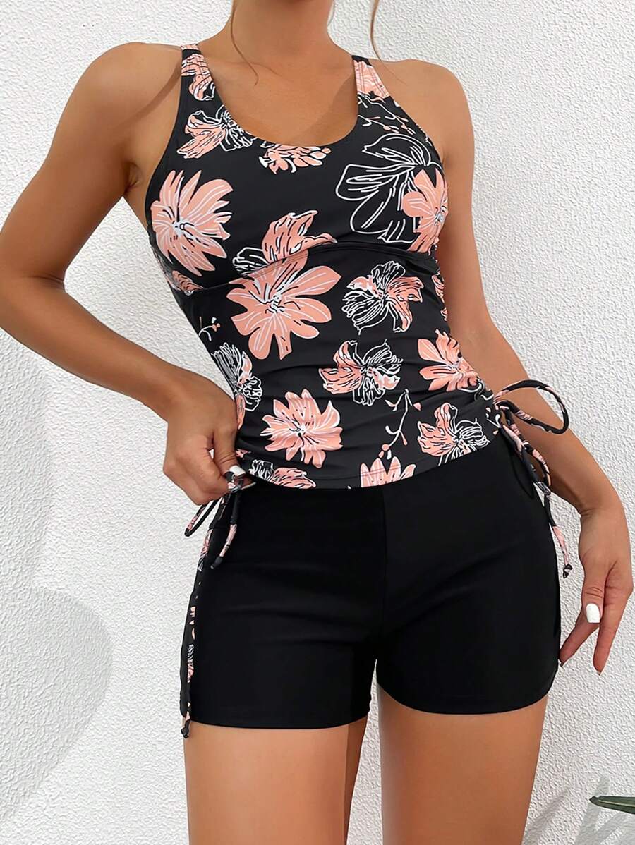 Swim Lushoire Summer Beach Floral Print Drawstring Side Tankini | SHEIN USA